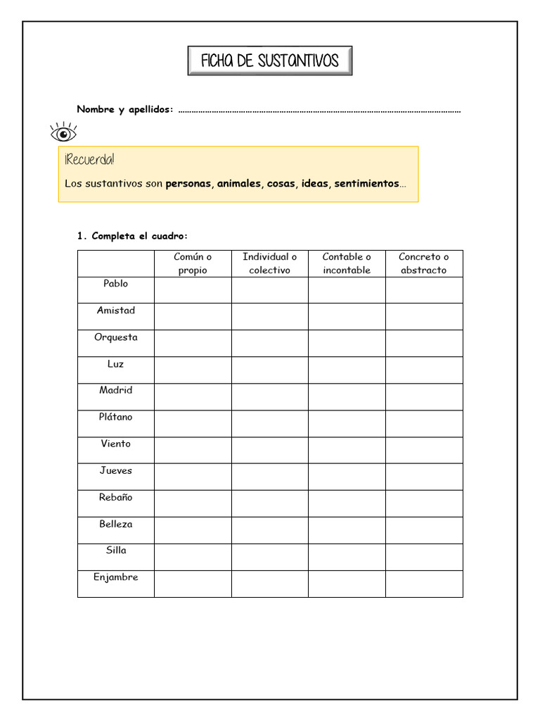 Ejercicios sobre Sustantivos y Clasificación | PDF