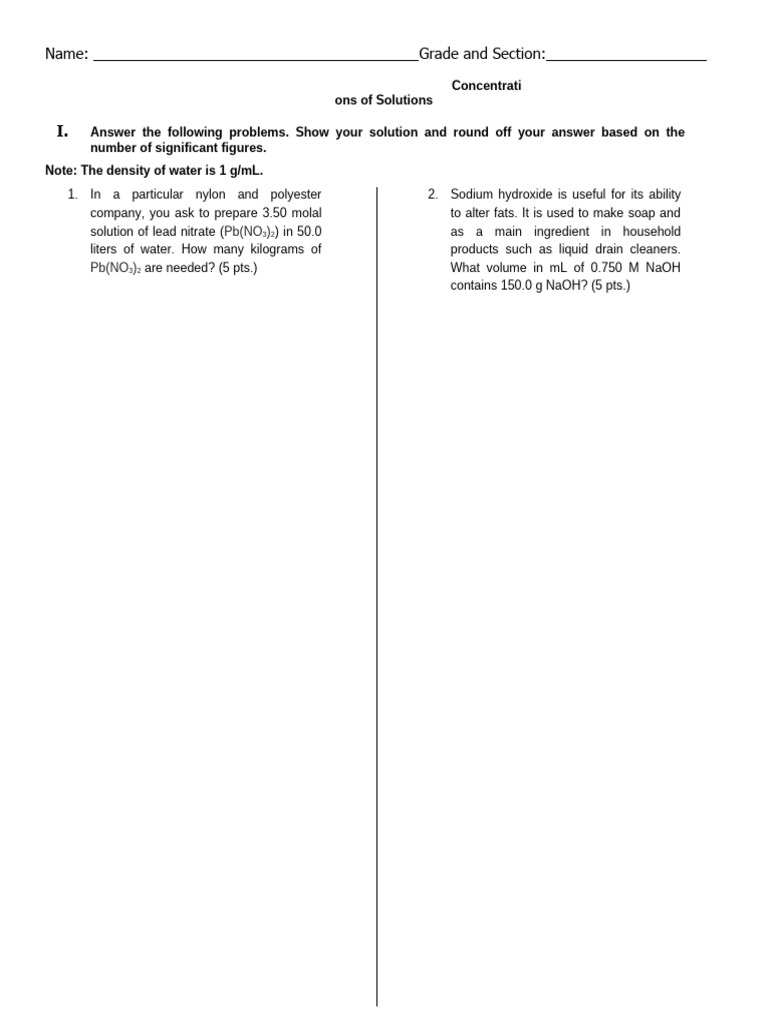 Concentrations of Solutions Problem Solving | PDF