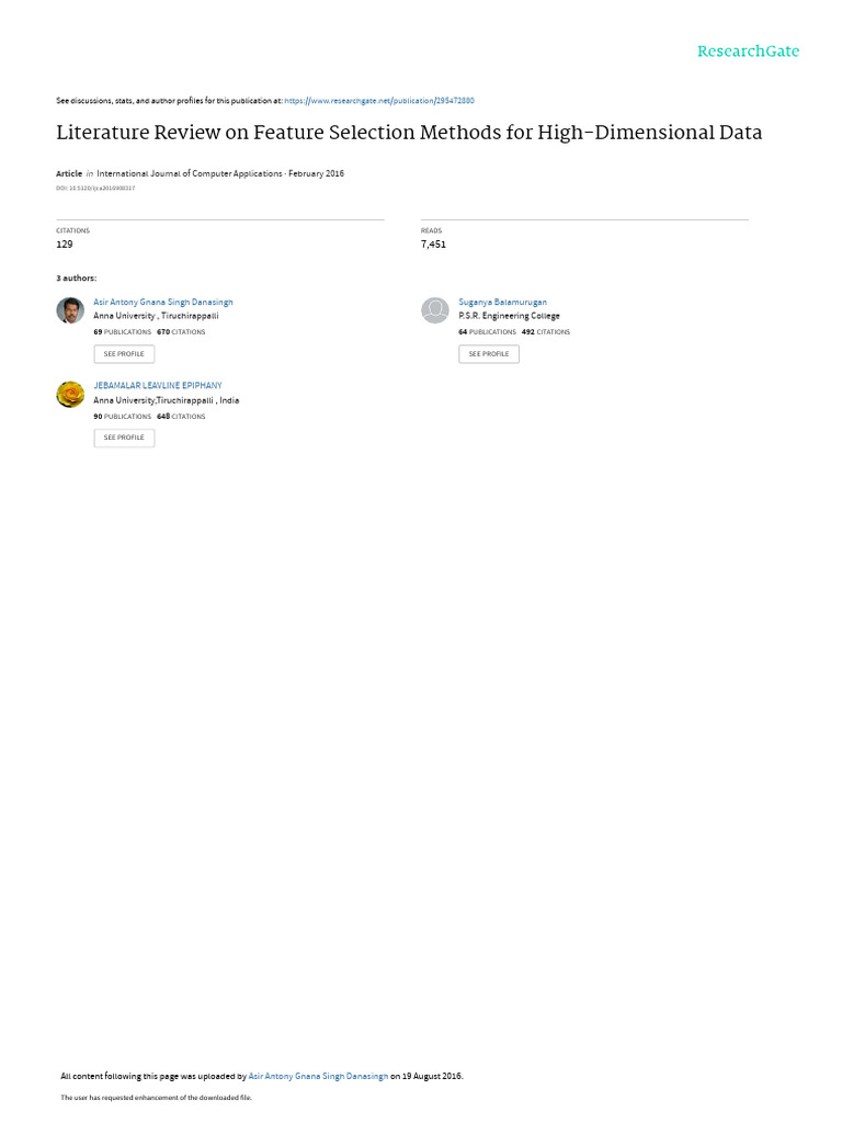 Literature Review On Feature Selection Methods For High-Dimensional Data | PDF | Machine ...