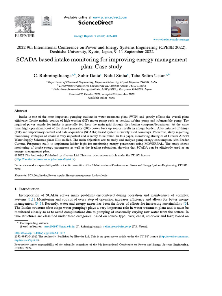 SCADA Based Intake Monitoring For Improving Energy Management | PDF