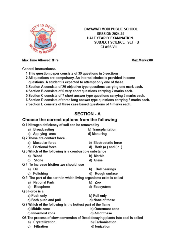 Half Yearly Examination 2024 - 25 Class VIII SCIENCE SET B | PDF ...
