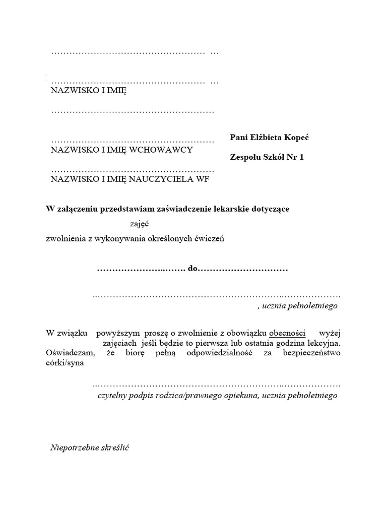 Wniosek o Zwolnienie Z Lekcji WF 2 | PDF