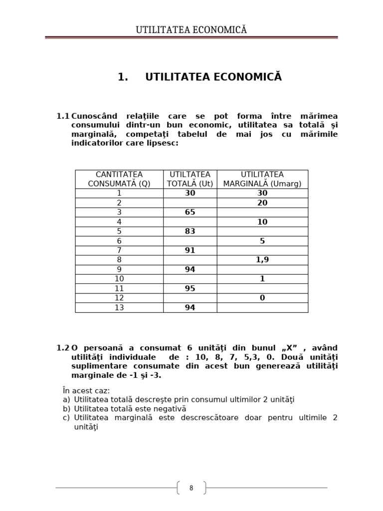 Probleme La Utilitatea Economica | PDF
