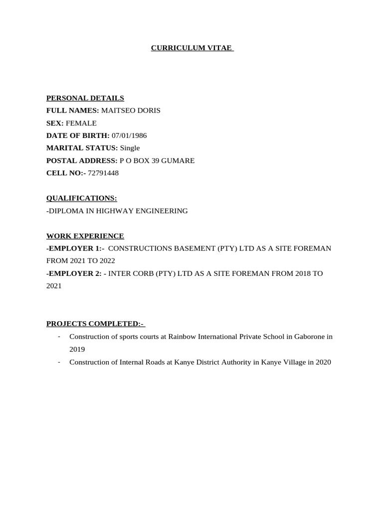 brick layer cv n reference, solomon tlhotlhole | PDF