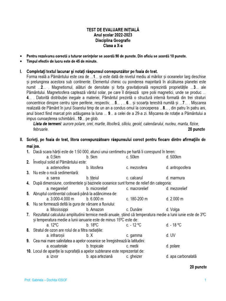 X Test de Evaluare Initiala Geografie 2023 | PDF