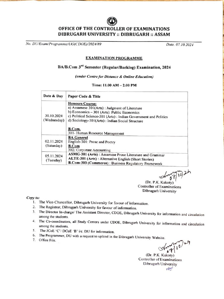 3rd Semester Examination 2024 Under CDOE DU | PDF | Science & Mathematics | Computers
