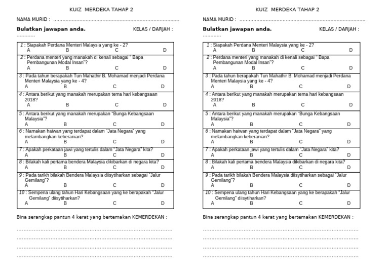 Kuiz Merdeka Tahap 2 | PDF