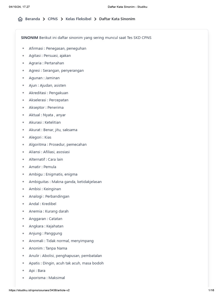 Daftar Kata Sinonim - Studiku | PDF