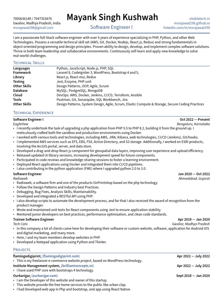 Resume Mayank Singh Kushwah Fullstack Python Developer | PDF