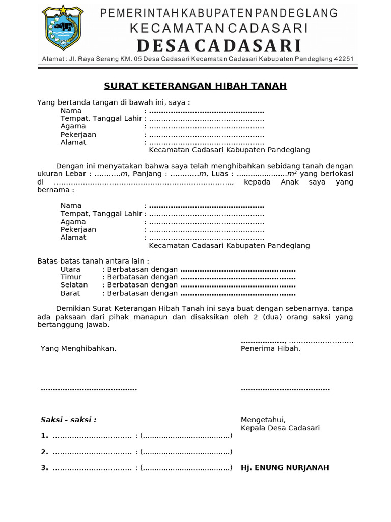 Contoh Surat Keterangan Hibah Tanah Desa | PDF