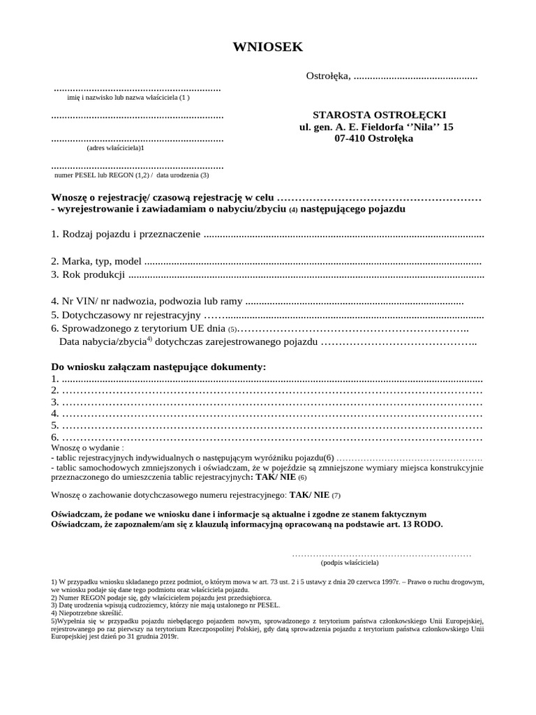 Wniosek o Rejestrację Pojazdu | PDF
