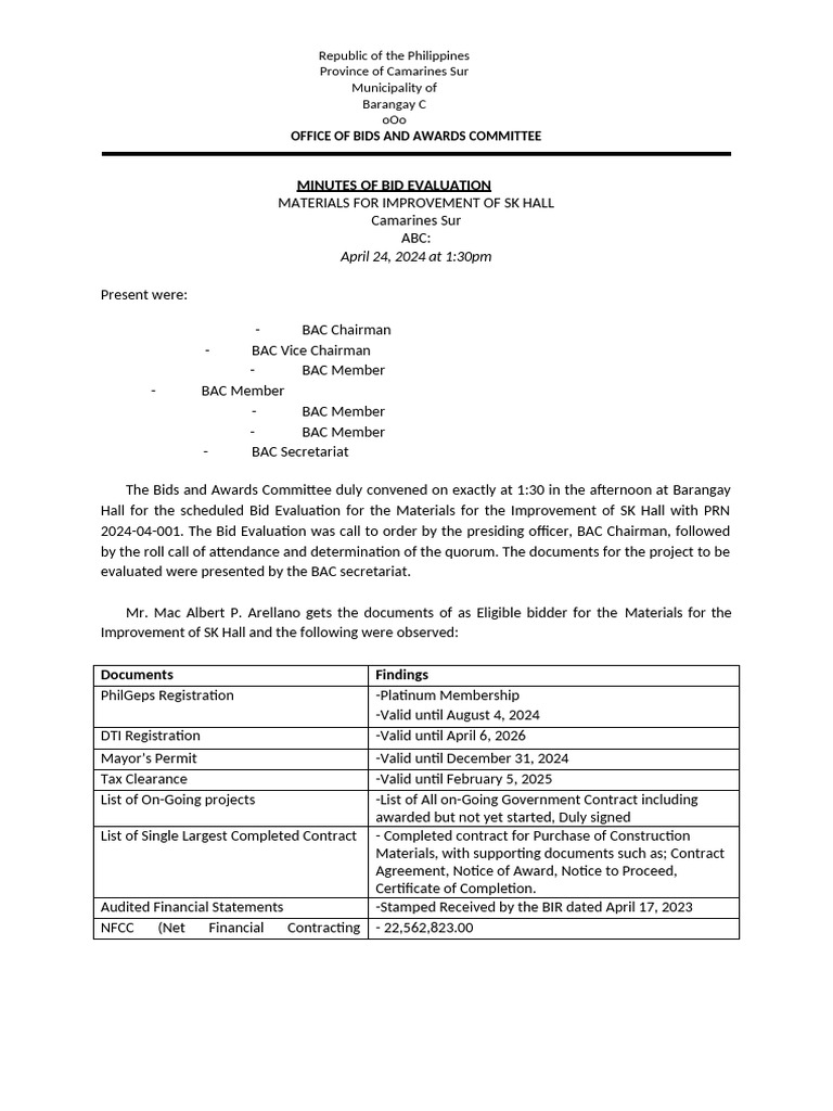minutes of bid evaluation | PDF
