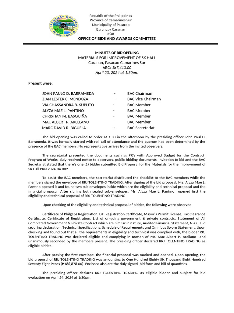 Minutes of Bid Opening | PDF