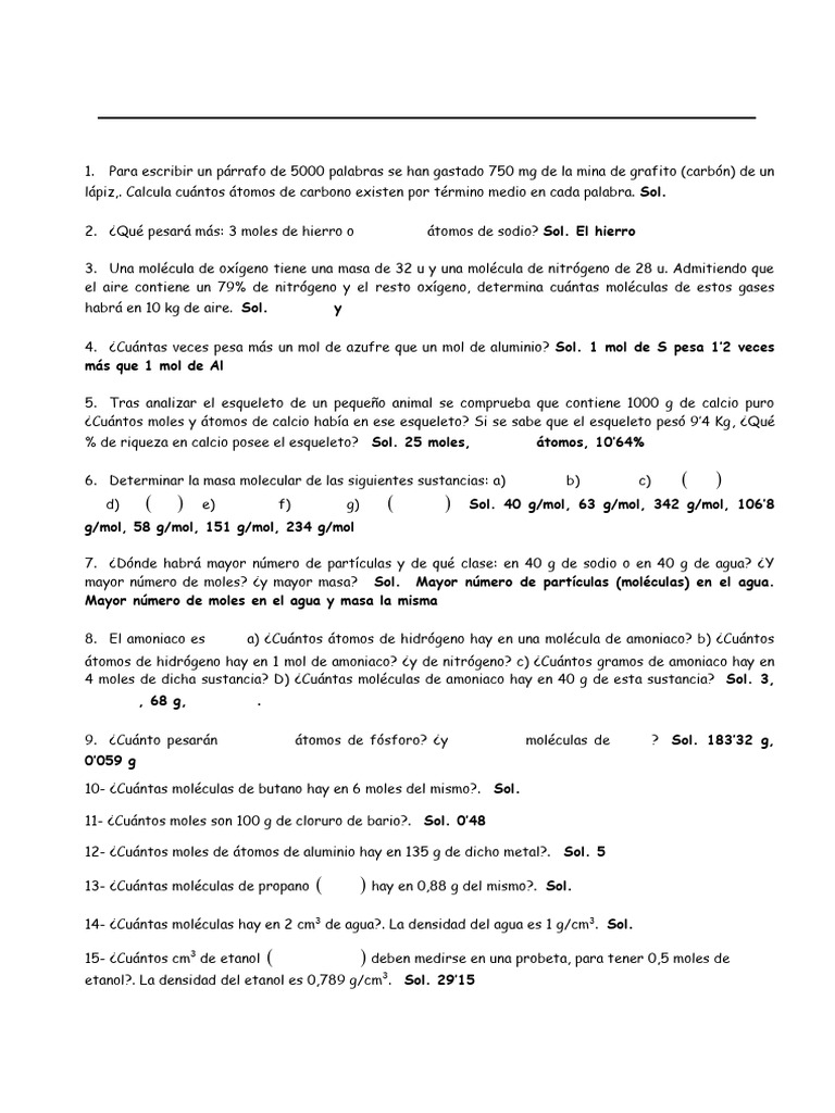 Ejercicios de Moles, Molã©culas y Nãºmero de Avogadro | PDF