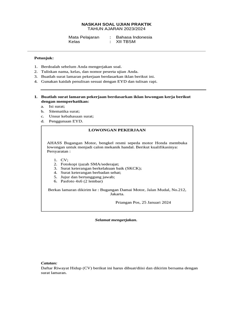 NASKAH SOAL UJIAN PRAKTIK 12 TBSM | PDF