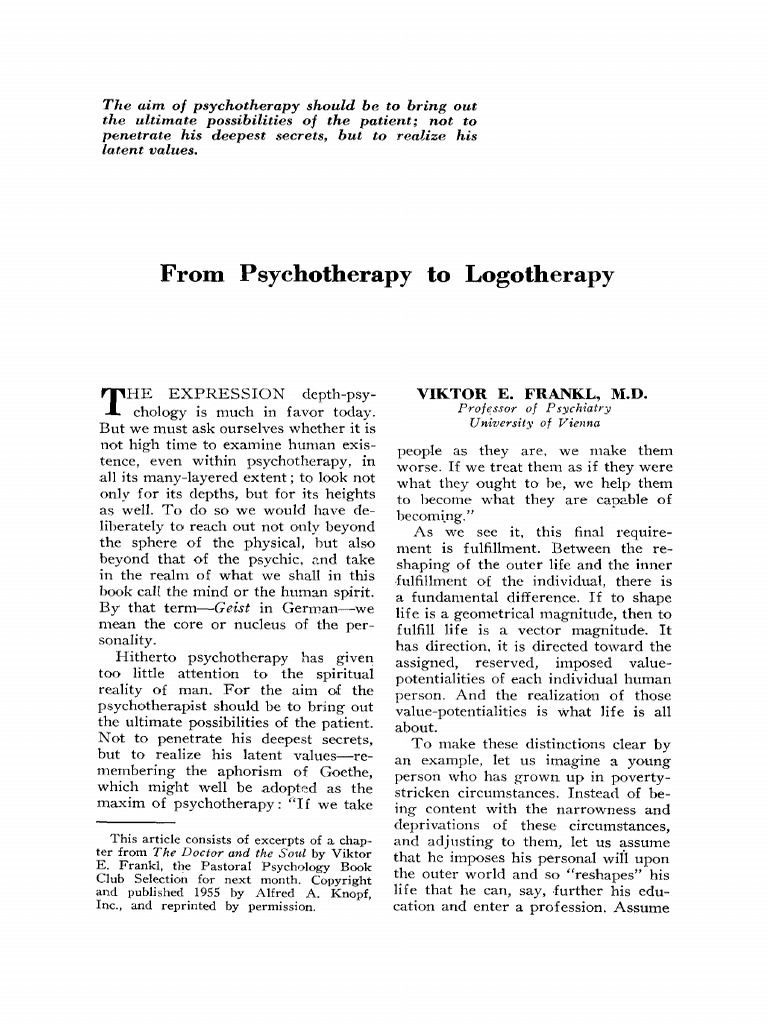 From Psychotherapy To Logotherapy (Pastoral Psychology, Vol. 7, Issue 5 ...