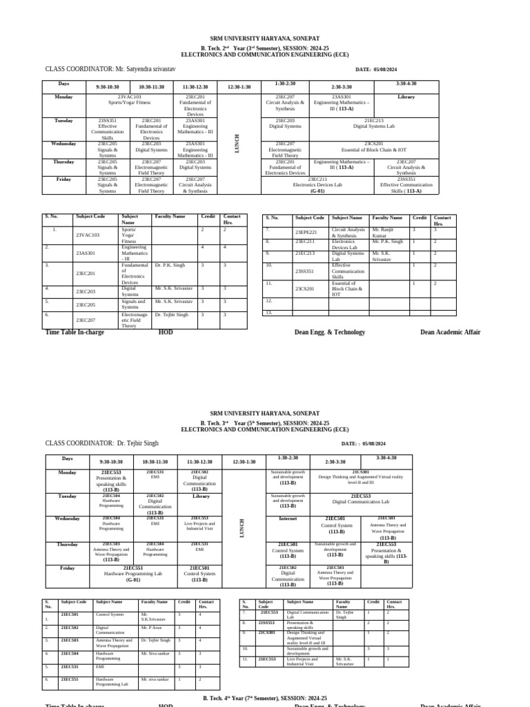 ECE Department Timetable 2024-25 Odd Semester12 - 07 - 2024 | PDF