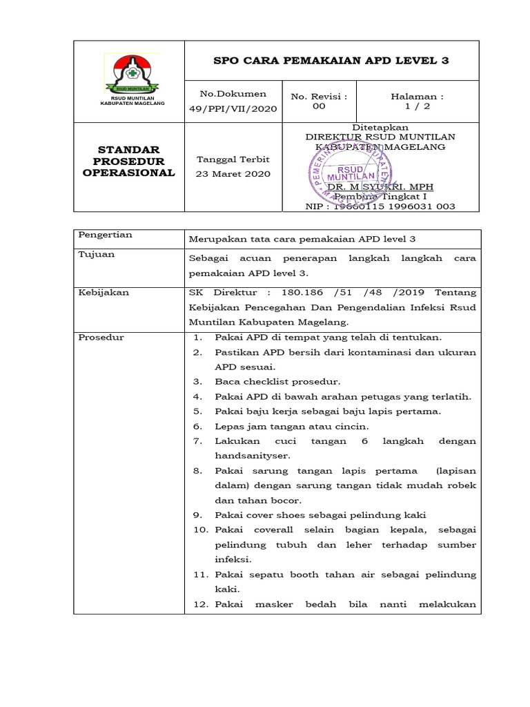 Spo Cara Pemakaian Apd Level 3 | PDF