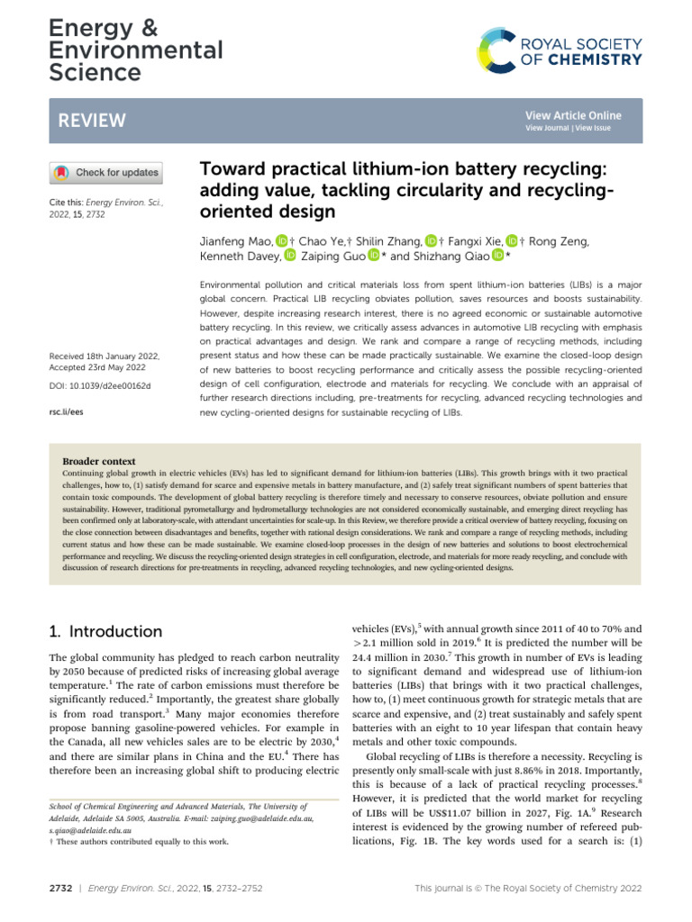 Toward Practical Li-Ion Battery Recycling (Adding Value - Tackling ...