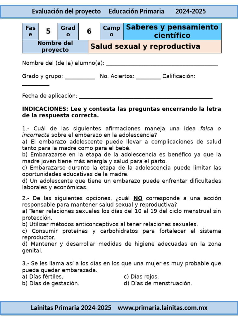 6to Grado Octubre - Examen 06 Salud Sexual y Reproductiva (2024-2025) | PDF