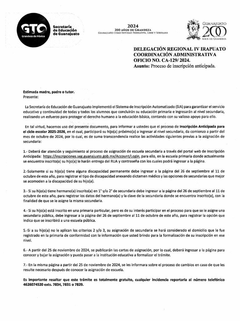 Oficio 6º de Prim. Para Sec No. CA-129_2024 | PDF