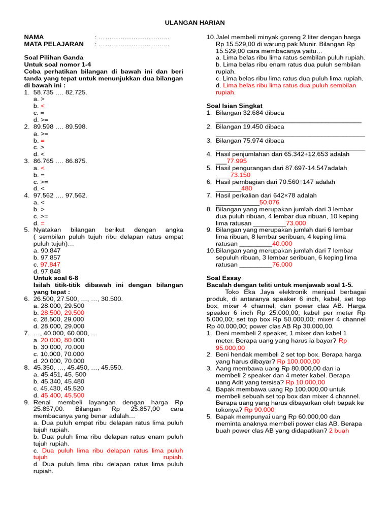 Ulangan Harian MTK | PDF