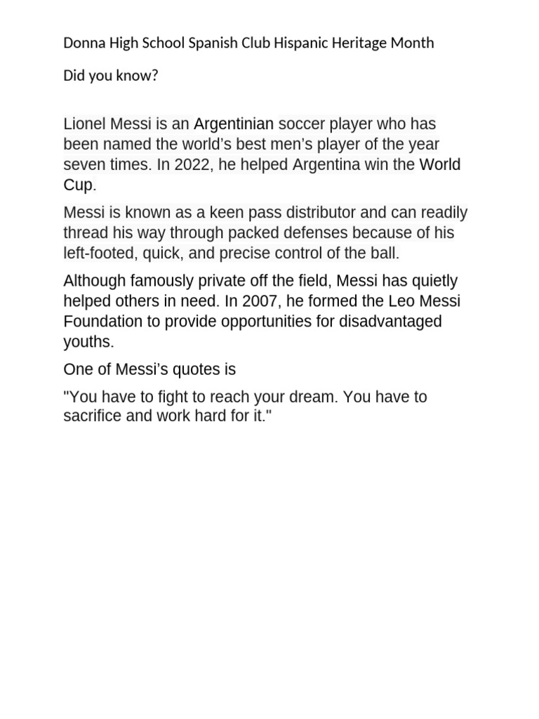 Did You Know Hispanic Heritage Month Lionel Messi | PDF