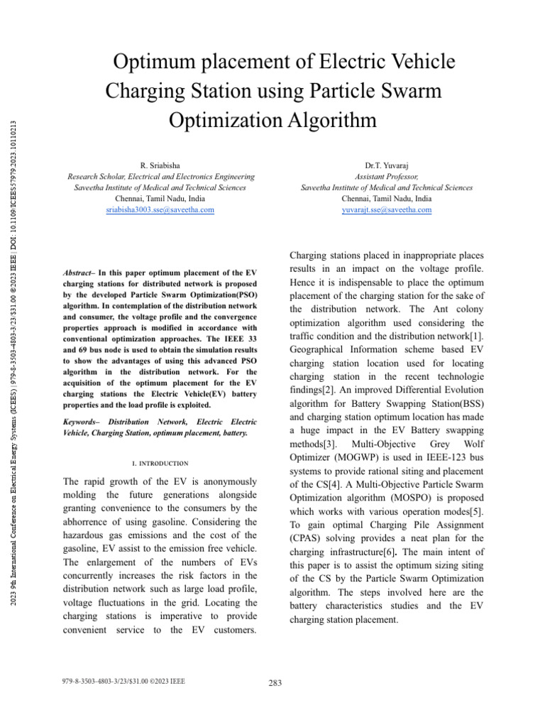 Optimumplacementofelectricvehiclechargingstationusingparticleswarmoptimization 