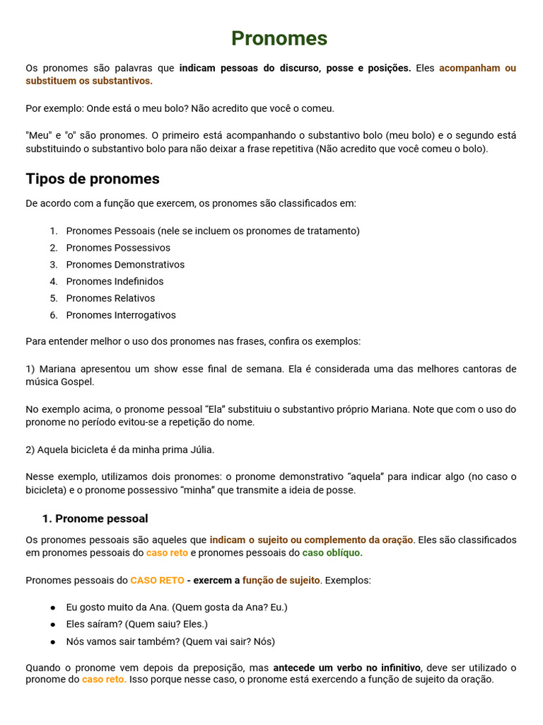 Pronomes - Resumo | PDF