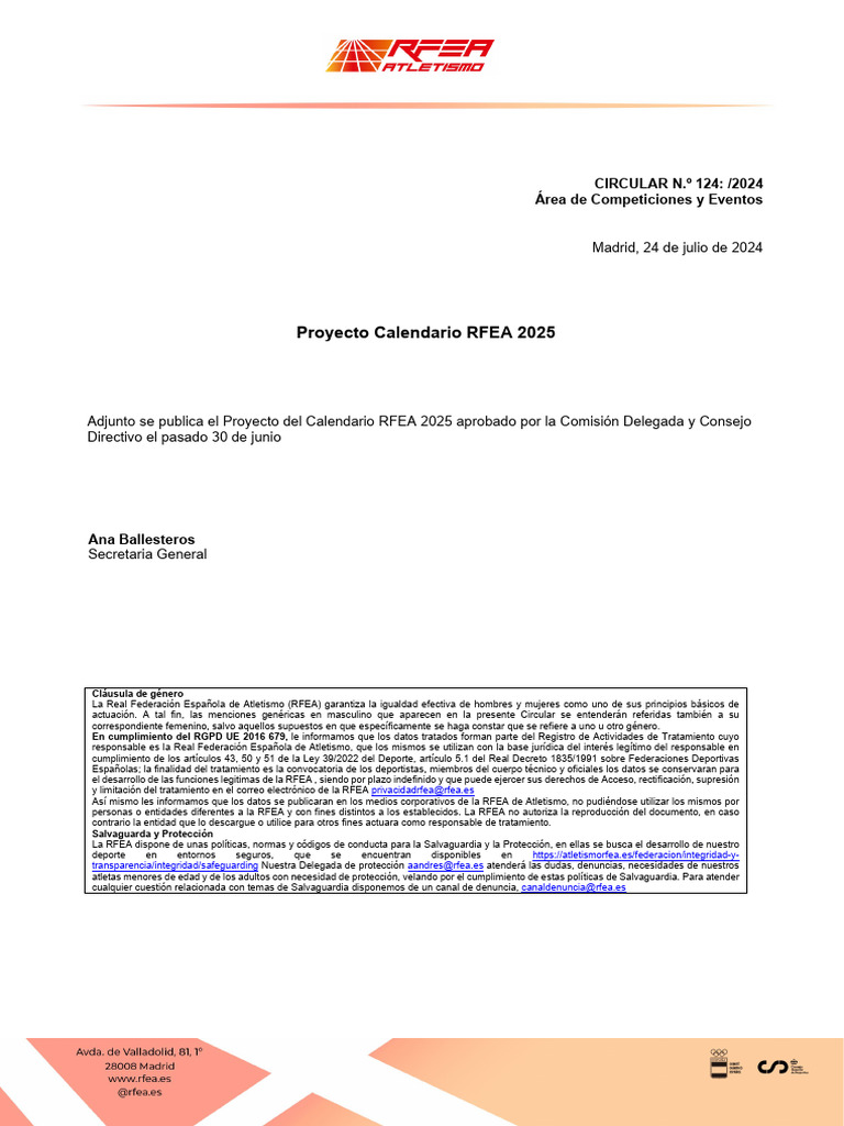 124-2024 Actualización Proyecto Calendario RFEA 2025 | PDF