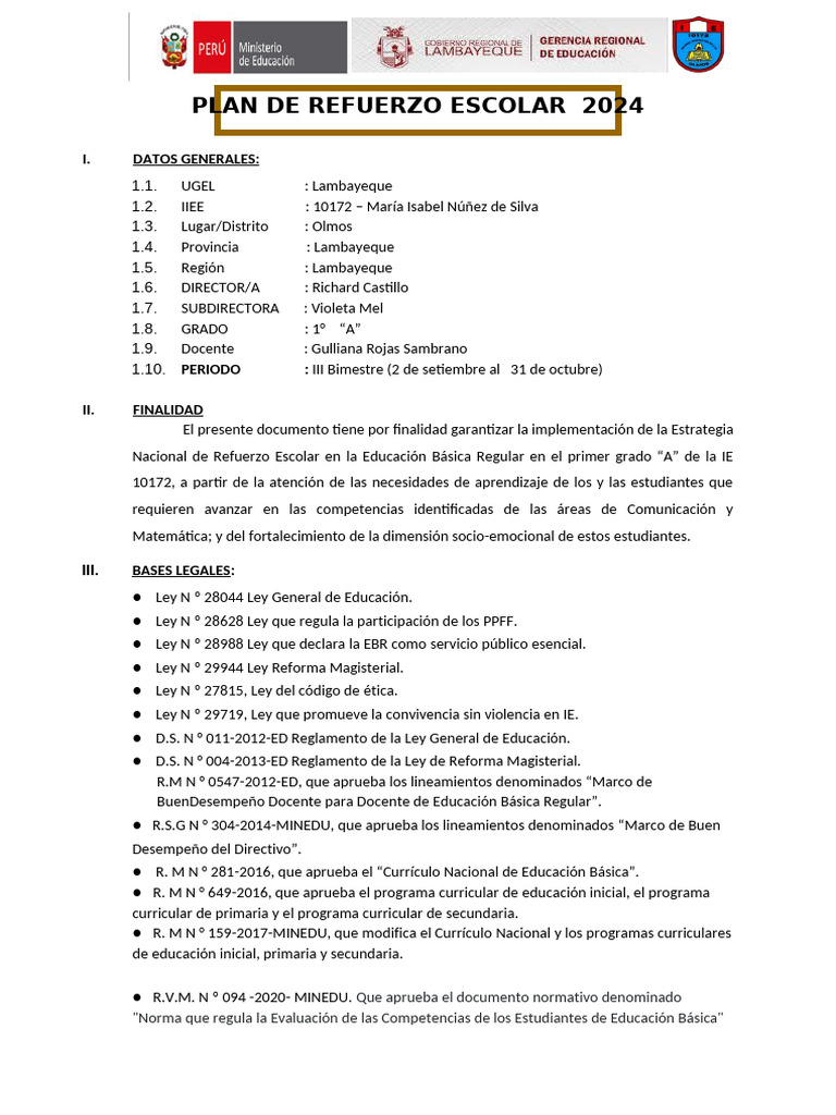 Plan de Refuerzo Escolar 2024 | PDF | Educación de la primera infancia | Educación primaria