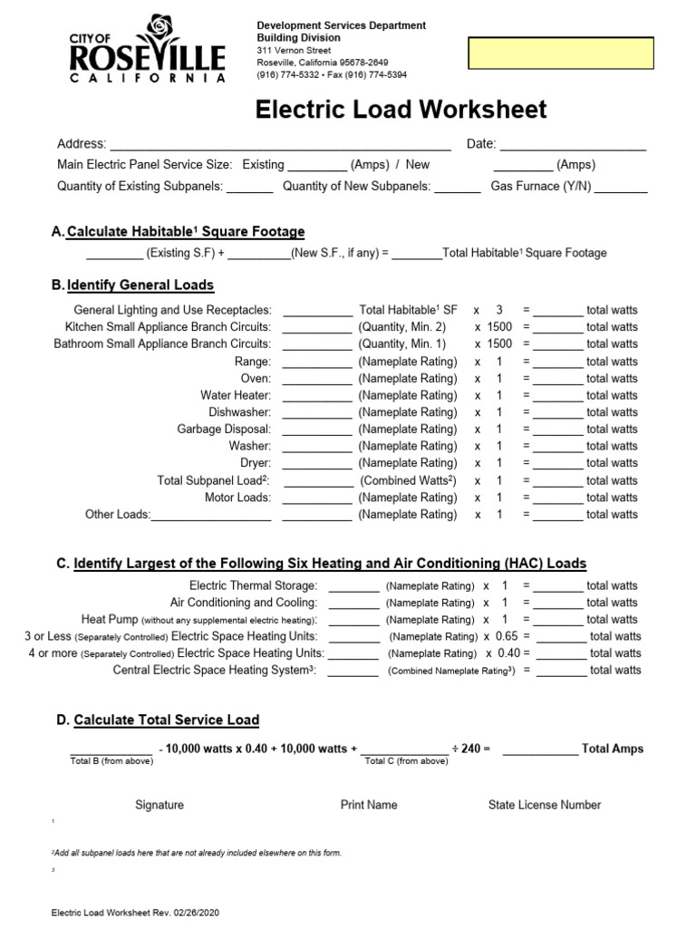 Electric Load Worksheet | PDF