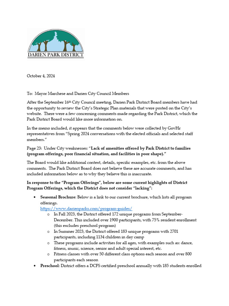 Darien Park District Letter to Darien City Council | PDF