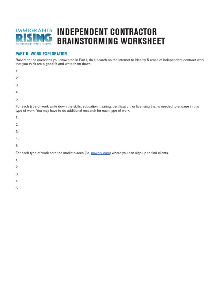 In Class Worksheet Independent Contractor Brainstorming Worksheet | PDF