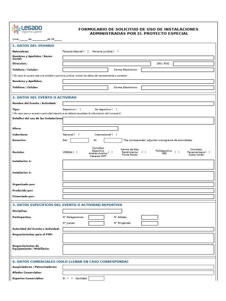 Formulario de Solicitud de Espacios en El Proyecto Legado | PDF
