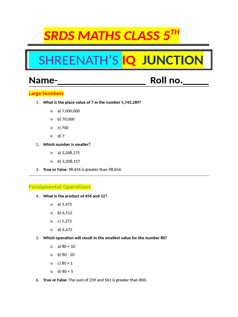 Srds Maths Class 5th Maths Mcq-1.1 Entrance | PDF