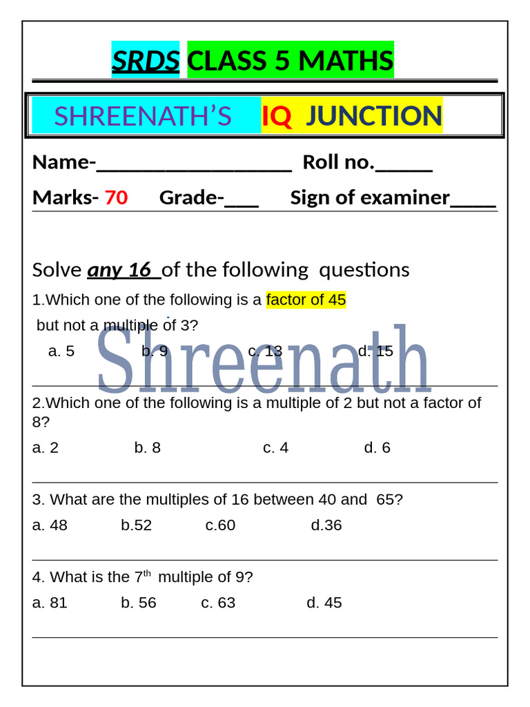 Factors and Multiples Class 5 Assignment | PDF