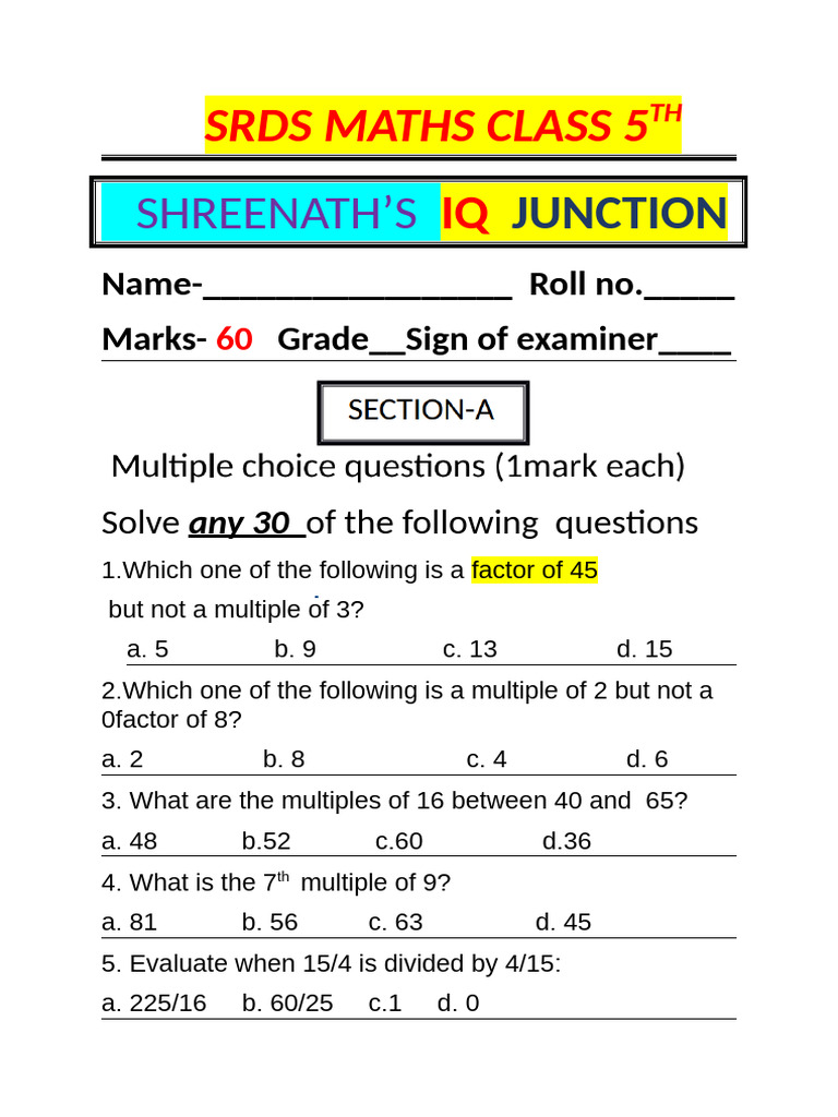 Srds Maths Class 5th Mcq Sheet | PDF