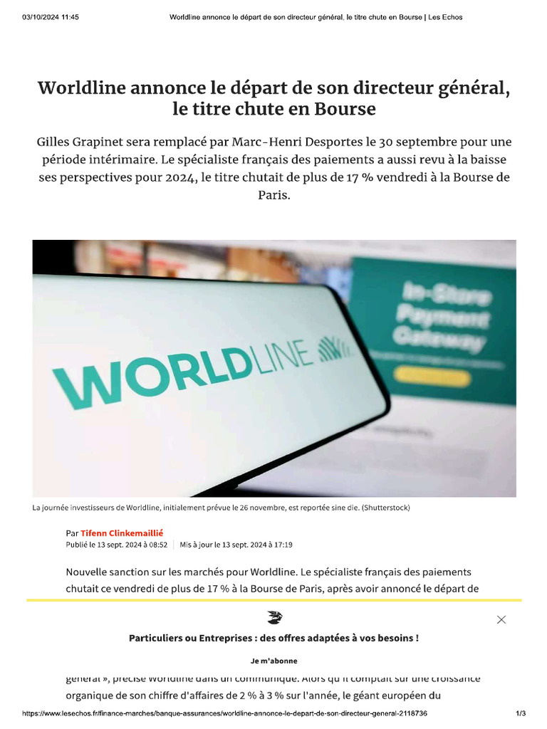 Worldline Annonce Le Départ de Son Directeur Général | PDF