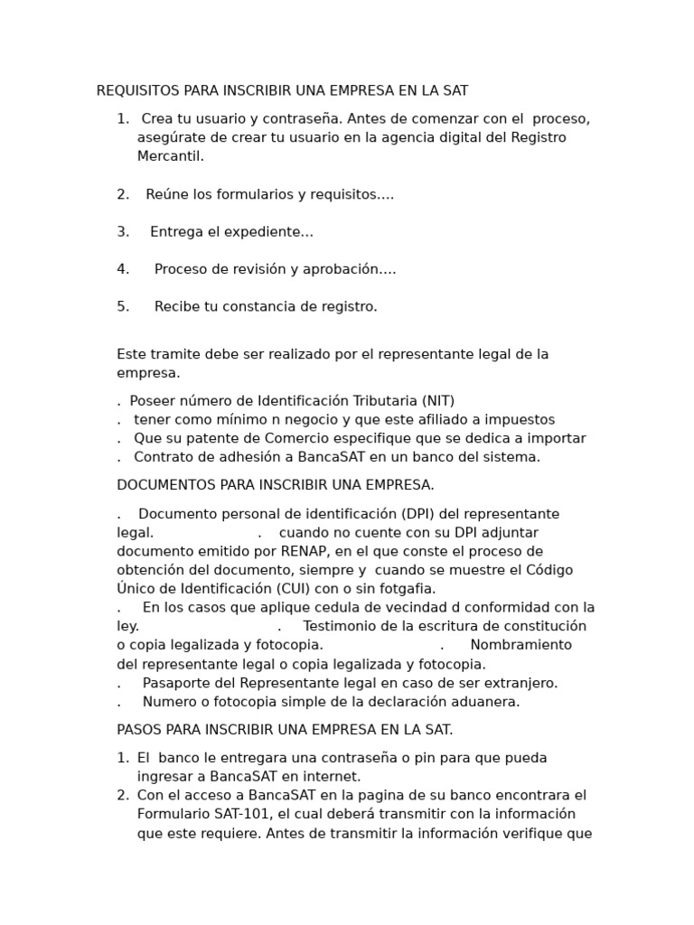 Requisitos para Inscribir Una Empresa en La Sat | PDF