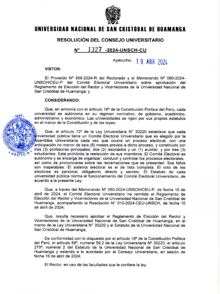 RCU #1327 2024 UNSCH CU Eleccion Del Rector y Vicerrectores | PDF