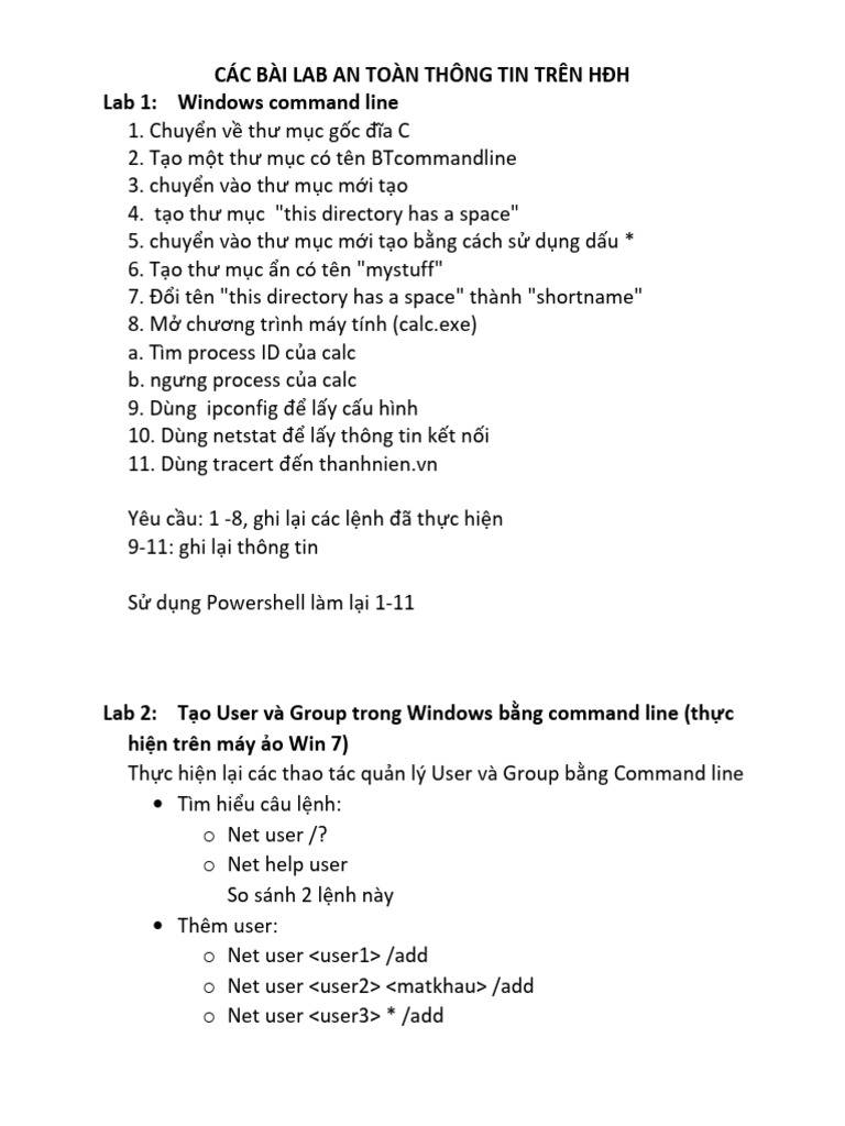 Các Bài Lab An Toàn Thông Tin - HDH | PDF