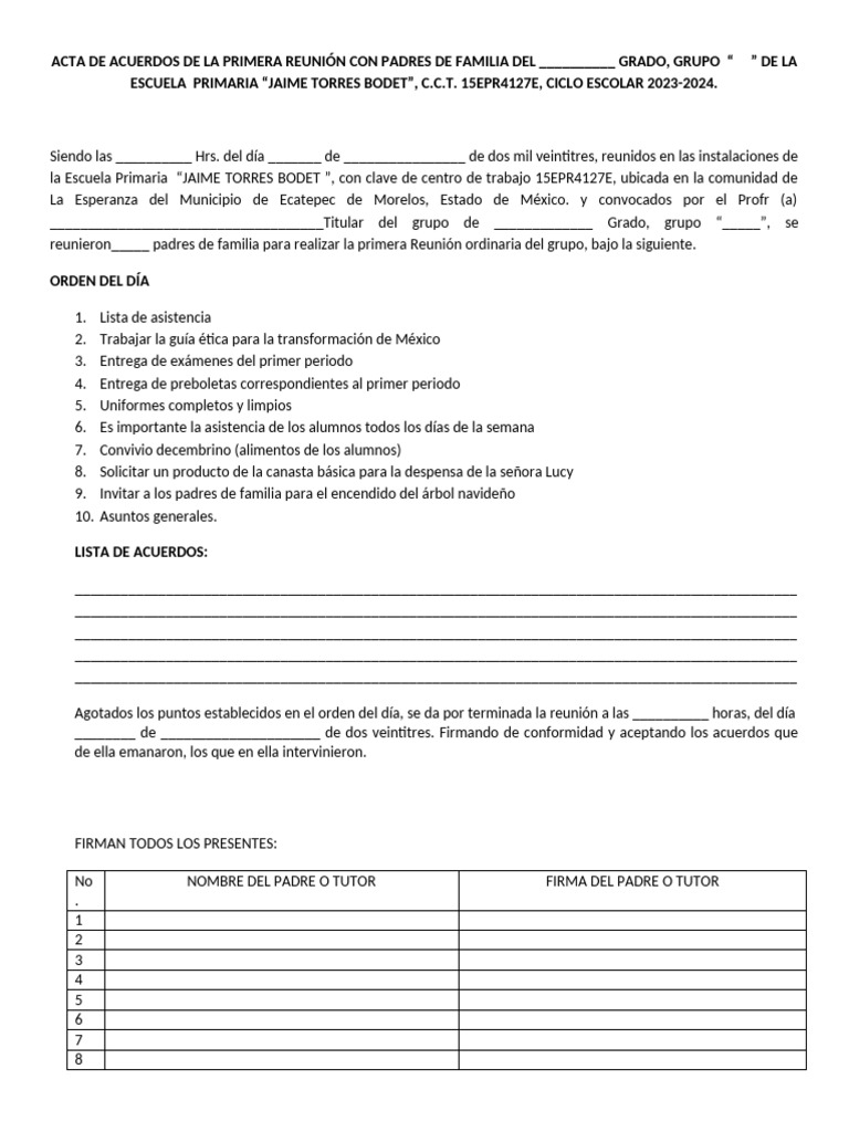 Acta de Reunion Con Padres de Familia | PDF