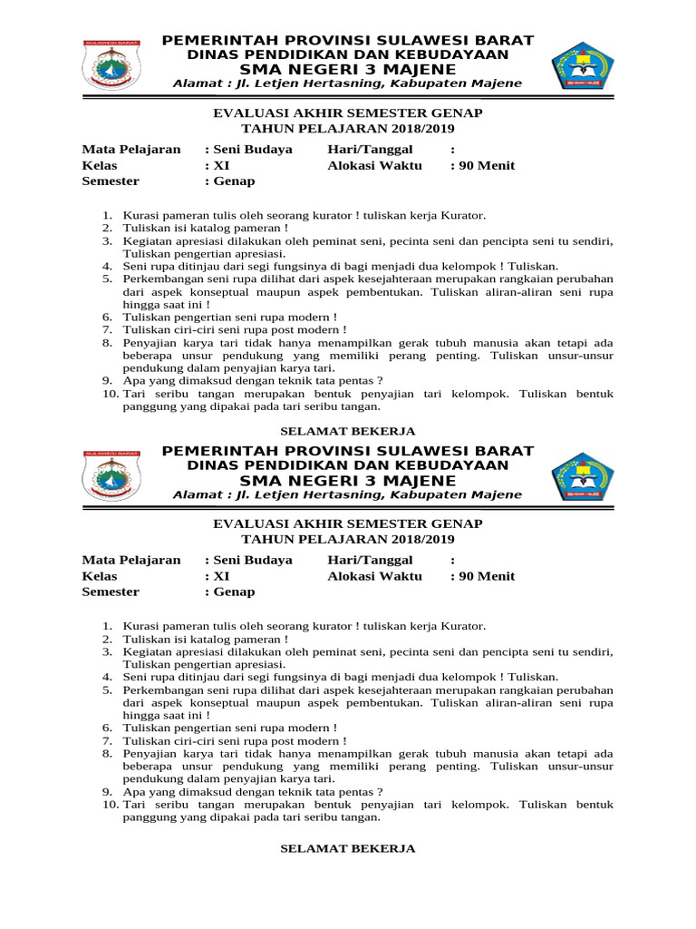 SOAL SEMESTER SENI BUDAYA KELAS XI | PDF