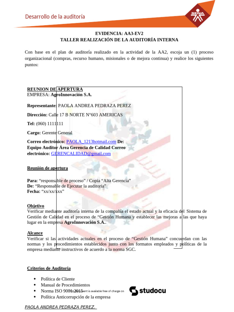Formato Evidencia AA3 Ev2 Taller | PDF