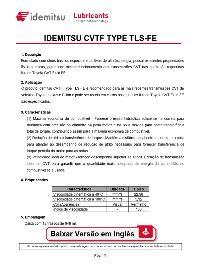 Idemitsu CVTF Type TLS-FE (PT) - b8494dc5 | PDF | Tecnología