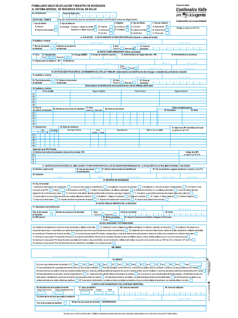 COMFENALCO EPS Formulario Unico de Afiliacion | PDF