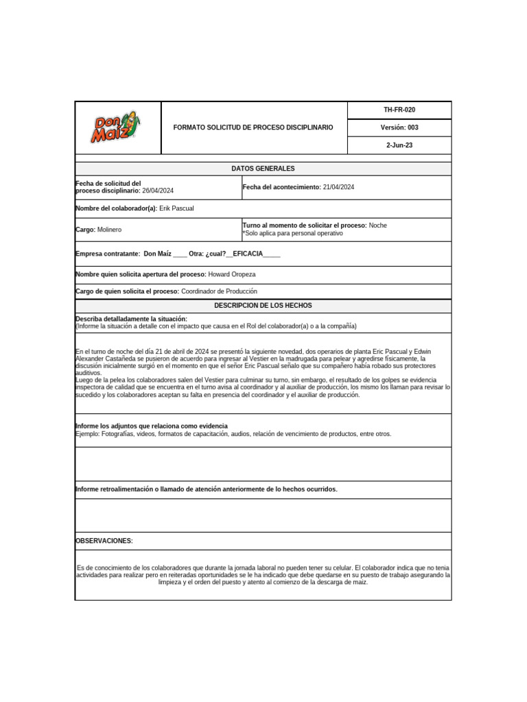 Formato Proceso Disciplinario Erik Pascual | PDF
