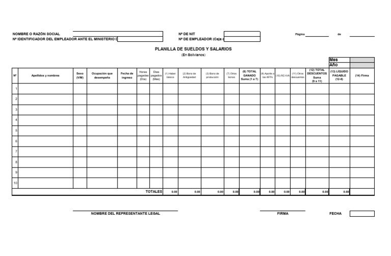 Planilla de Sueldos y Salarios Bolivia | PDF | Salario | Labor