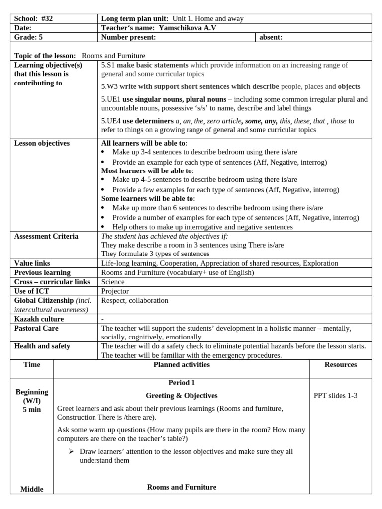 English Grade 5 Unit 1 Home and Away LP | PDF